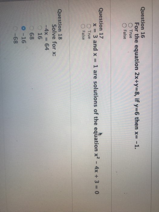 Solved For the equation 2x + y = 8, if y = 6 then x =-1. | Chegg.com