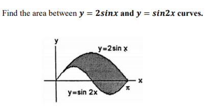Solved Find the area between y = 2 sinx and y = sin2x | Chegg.com