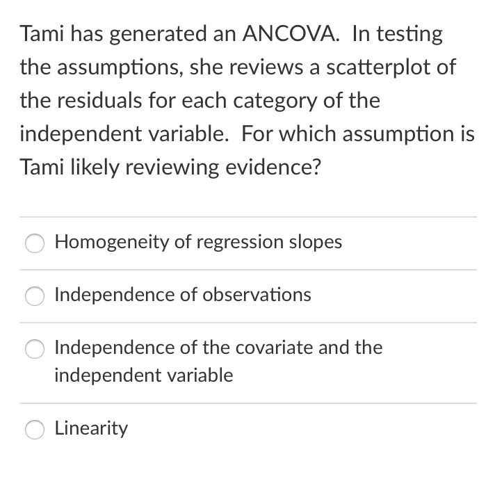 Solved Tami has generated an ANCOVA. In testing the | Chegg.com