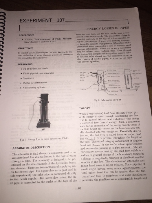 Solved EXPERIMENT 107 ENERGY LOSSES IN PIPES REFERENCES | Chegg.com