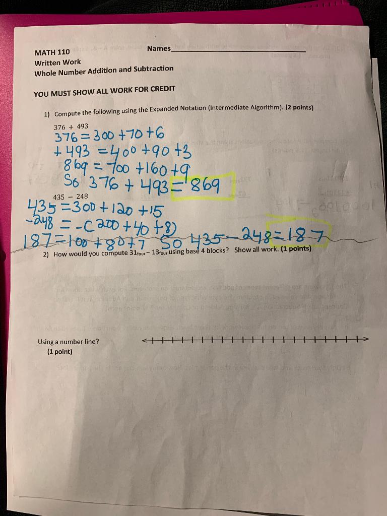 Solved MATH 110 Names Written Work Whole Number Addition and | Chegg.com