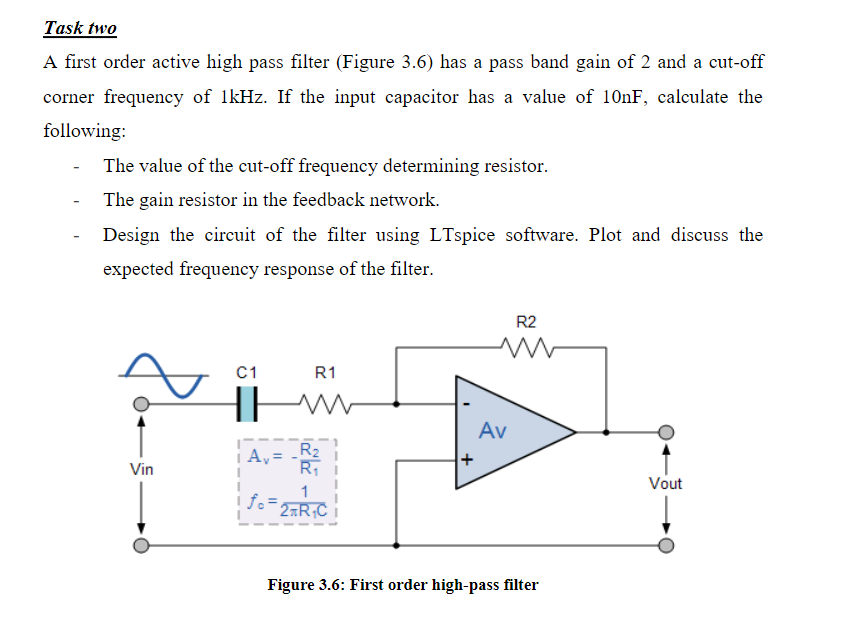Solved Task two A first order active high pass filter | Chegg.com