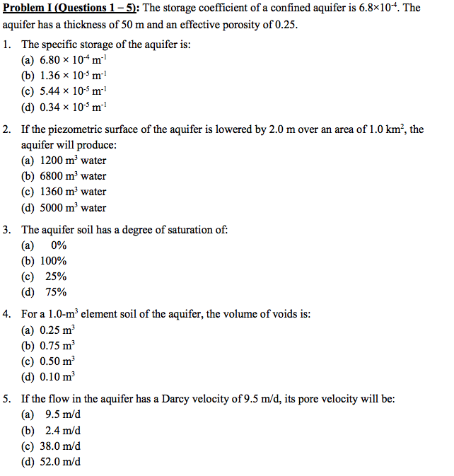 Solved Problem I (Questions 1 - 5): The storage coefficient | Chegg.com