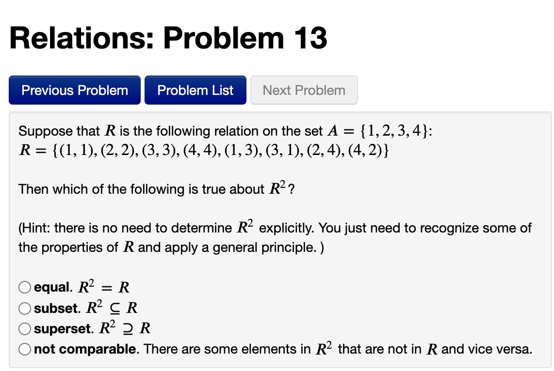 Solved Relations: Problem 13 Previous Problem Problem List | Chegg.com