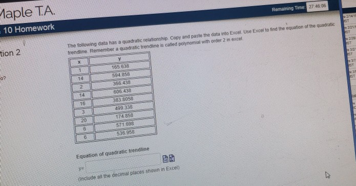 Solved Maple TA. 10 Homework Remaining Time 27 46.06 The | Chegg.com