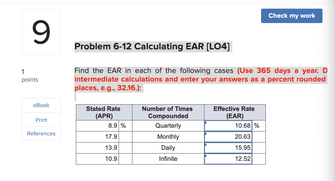 Solved Check my work 9 Problem 6-12 Calculating EAR (LO4] 1 | Chegg.com