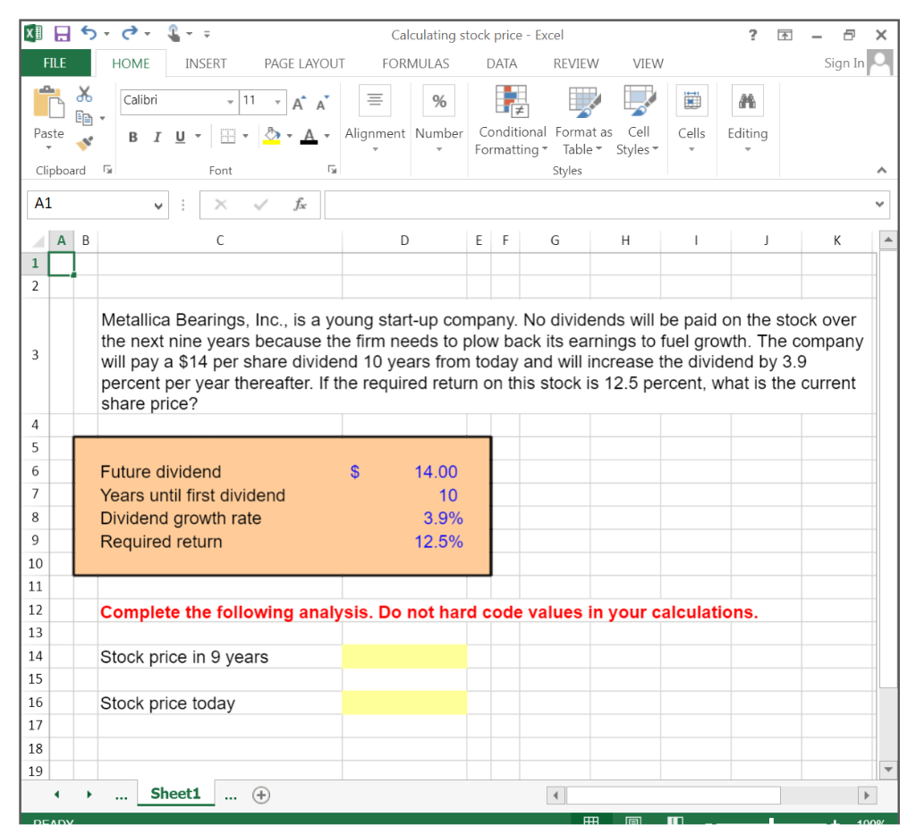 Solved x! Calculating stock price - Excel ? - х FILE HOME | Chegg.com