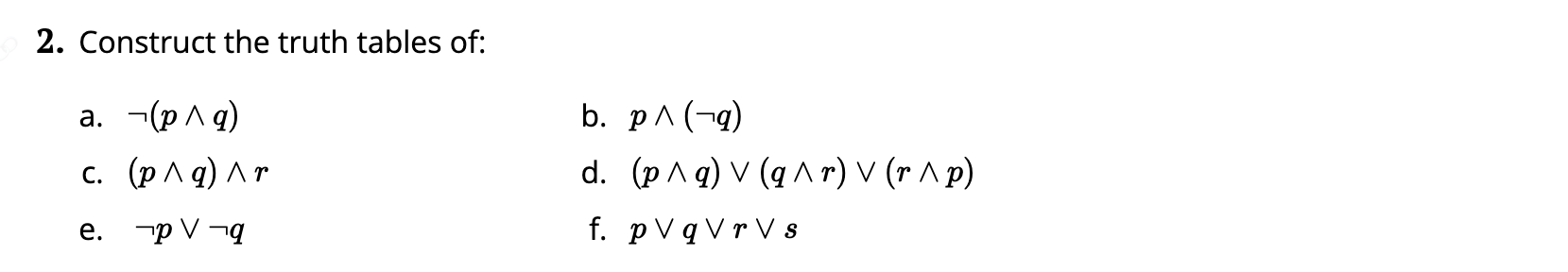 Solved 2. Construct the truth tables of: a. -(pΛq) с. (pЛq) | Chegg.com