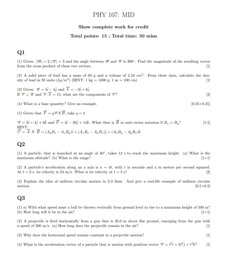 Solved PHY 107: MID Show complete work for credit Total | Chegg.com