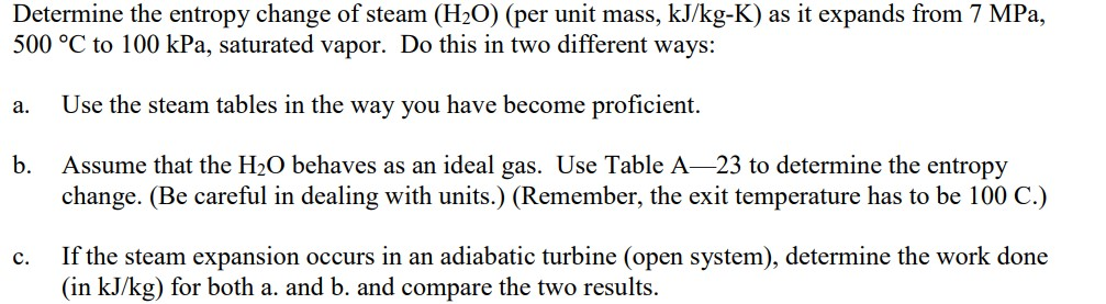 Solved Determine the entropy change of steam (H20) (per unit | Chegg.com