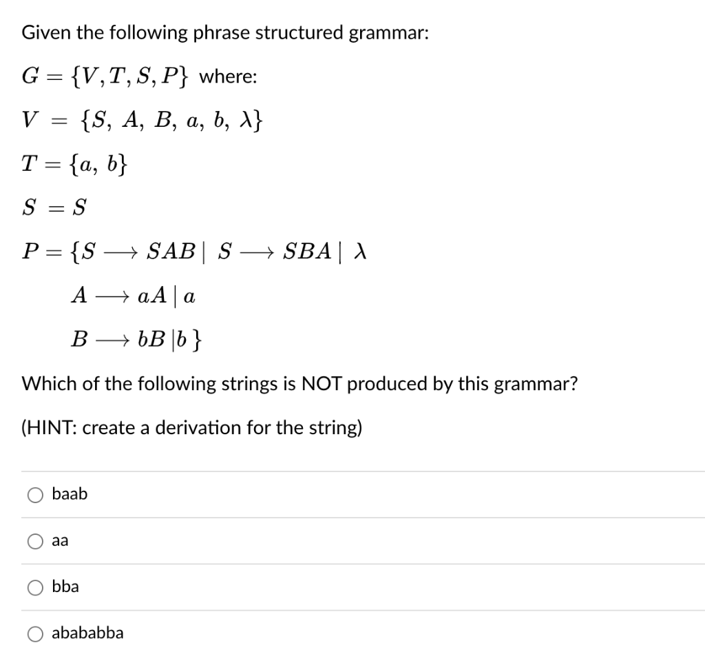 Solved Given the following phrase structured grammar: | Chegg.com