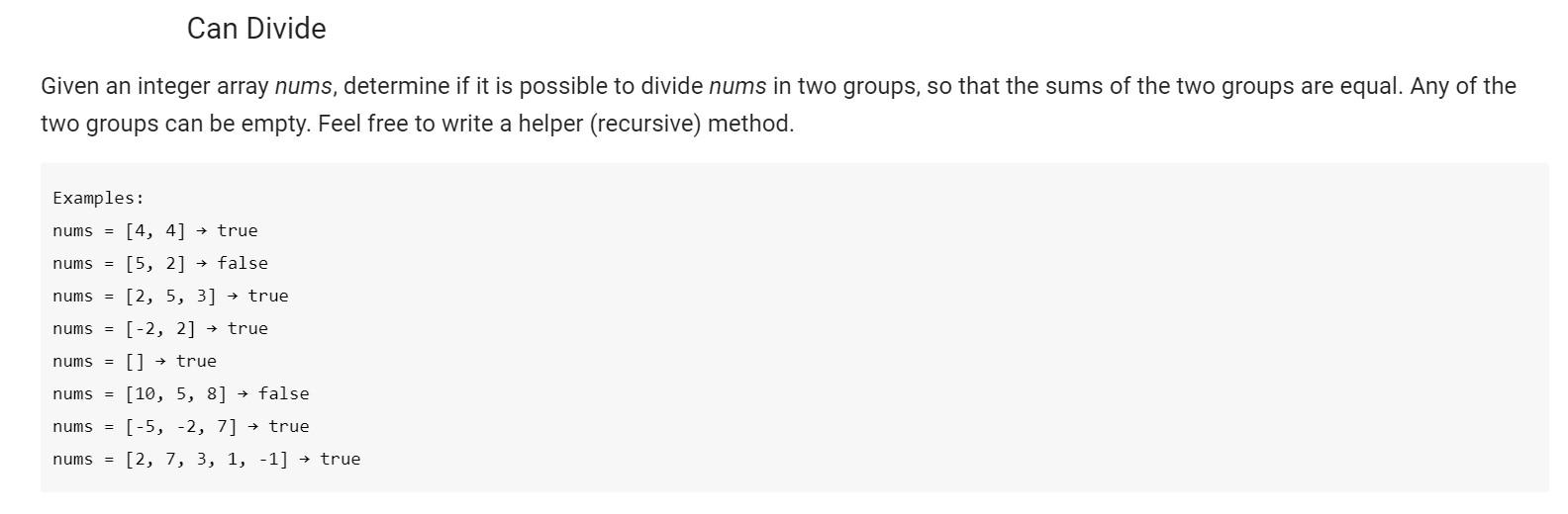 Solved Can Divide Given an integer array nums, determine if | Chegg.com Solved Can Divide Given an integer array nums, determine if | Chegg.com