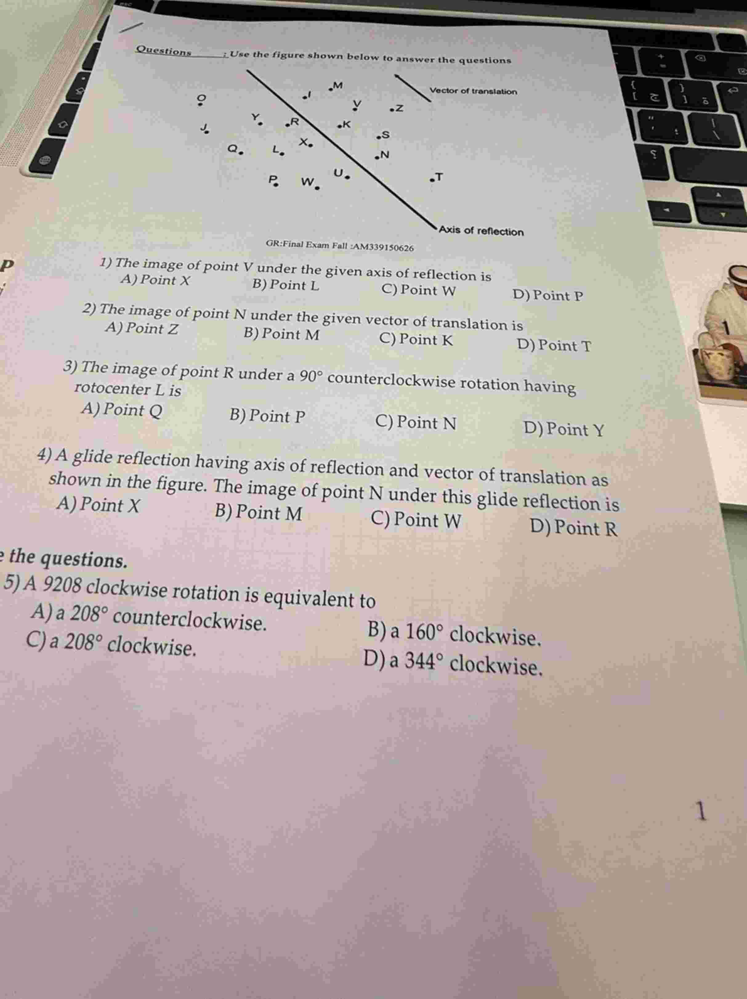 Solved Questions 1) ﻿The image of point \( ﻿V \) ﻿under the | Chegg.com
