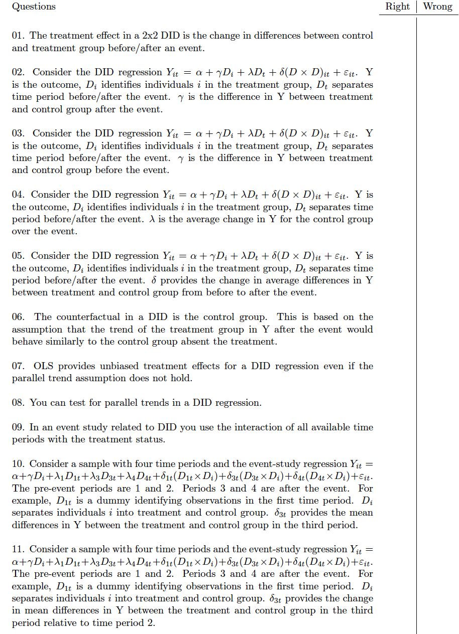 Solved 1. ﻿The treatment effect in a 2×2 ﻿DID is the change | Chegg.com