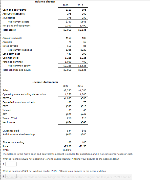 Solved Balance Sheets: 2020 2019 Cash and equivalents $110 | Chegg.com