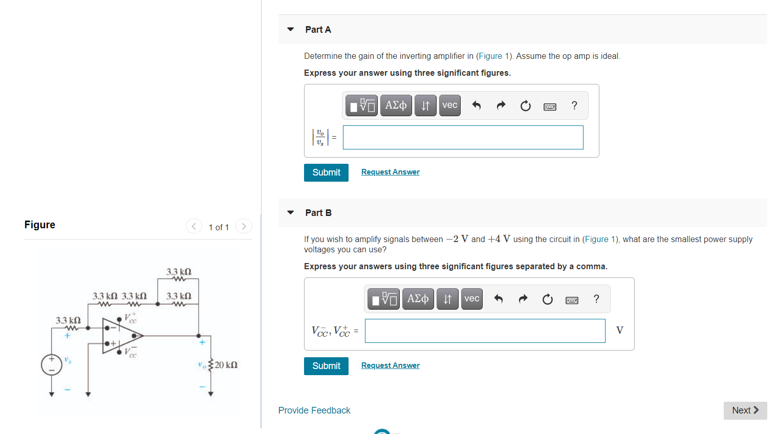 Solved Part A Determine the gain of the inverting amplifier | Chegg.com