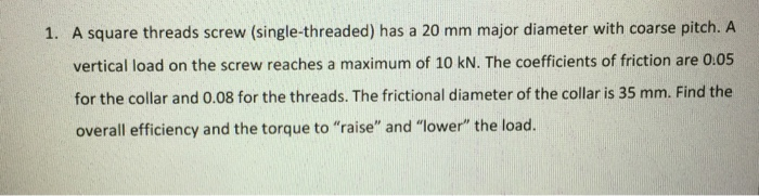 Solved A square threads screw (single-threaded) has a 20 mm | Chegg.com