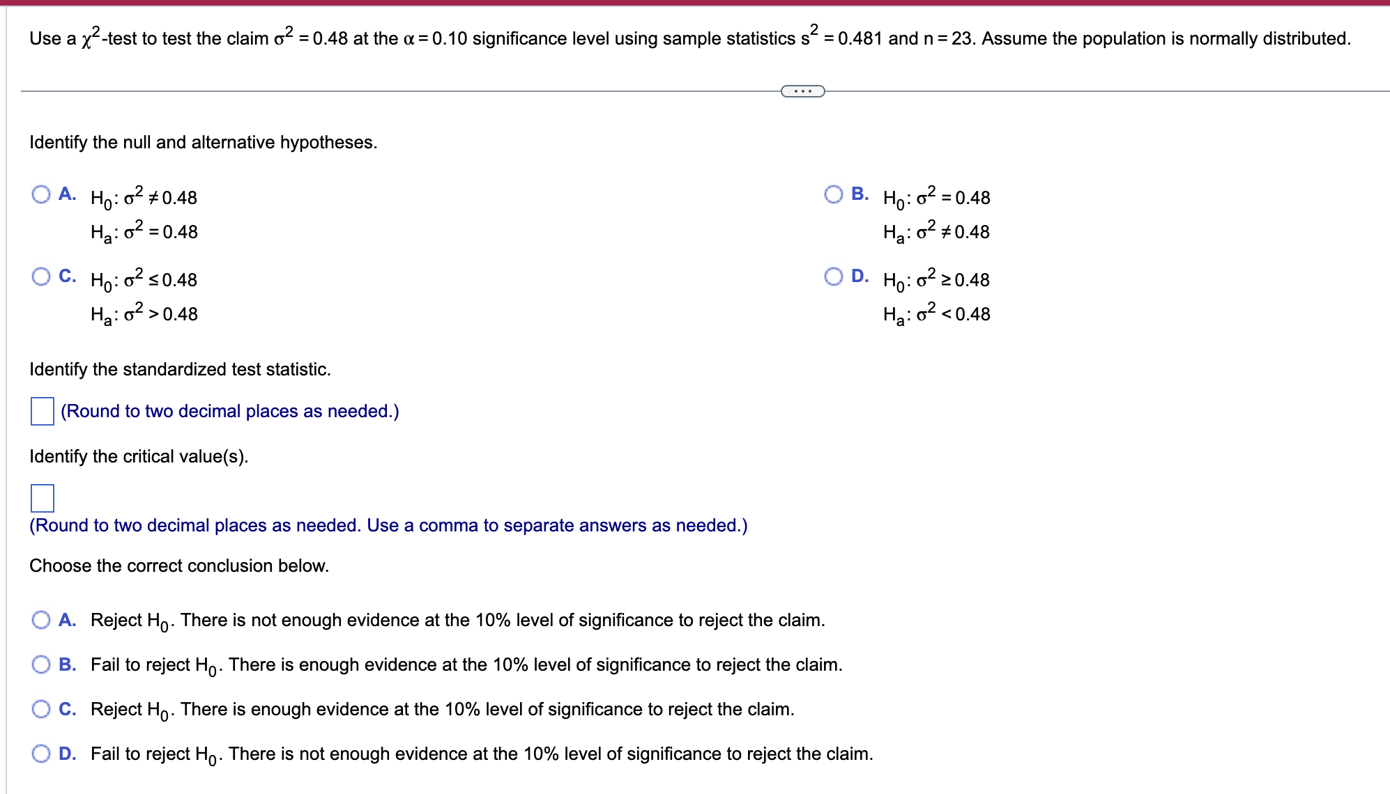 Use a χ2-test to test the claim σ2=0.48 at the α=0.10 | Chegg.com