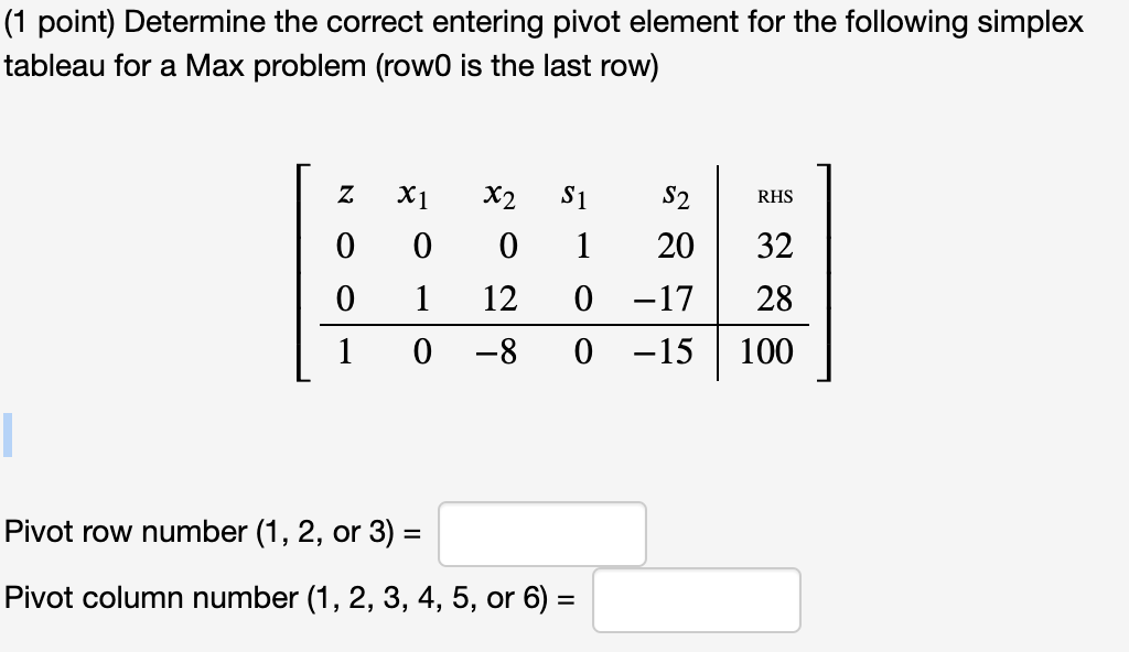 Solved (1 point) Determine the correct entering pivot | Chegg.com