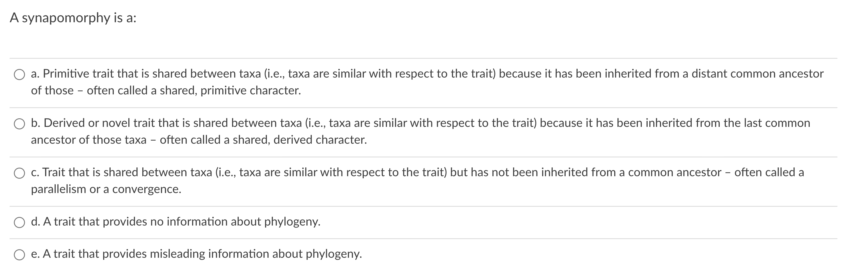 Solved A synapomorphy is a: O a. Primitive trait that is | Chegg.com