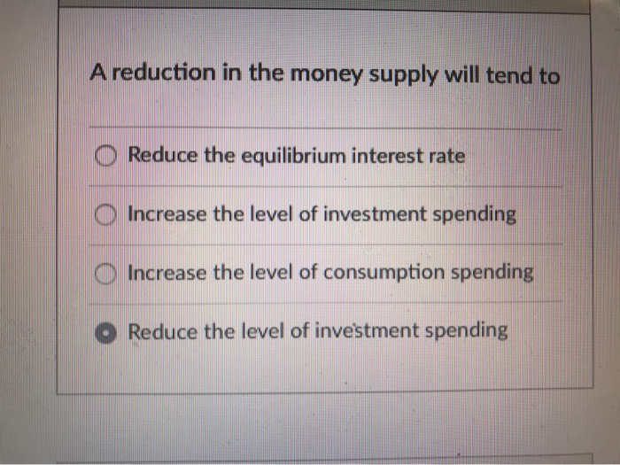Solved A reduction in the money supply will tend to Reduce | Chegg.com