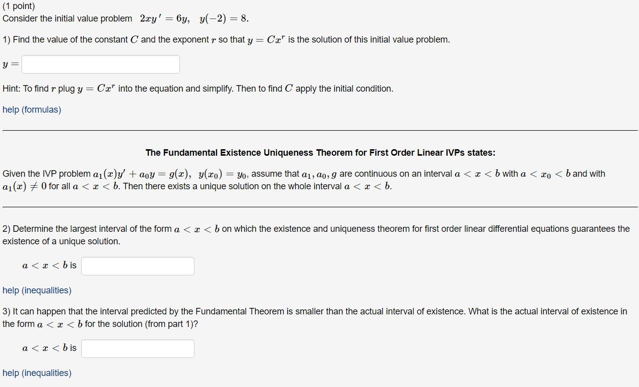 Solved (1 point) Consider the initial value problem 2xy' = | Chegg.com
