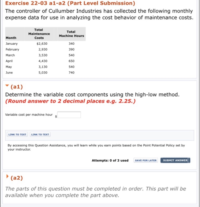 Solved Exercise 22-03 a1-a2 (Part Level Submission) The | Chegg.com