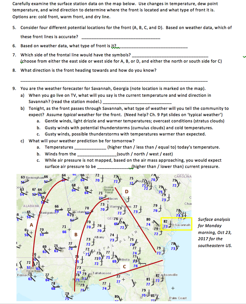 Solved Carefully examine the surface station data on the map | Chegg.com