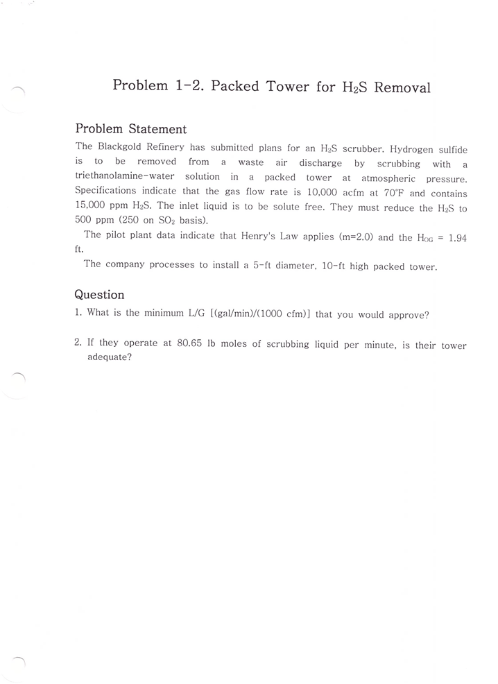 Problem 1-2. Packed Tower for H2S Removal Problem | Chegg.com
