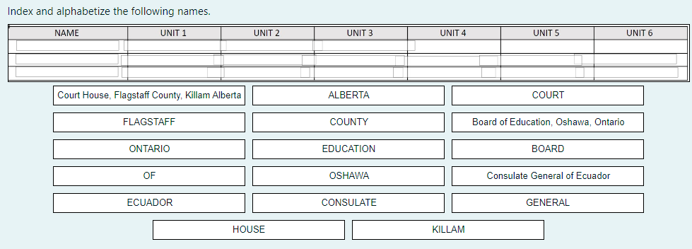 Index and alphabetize the following names. | Chegg.com