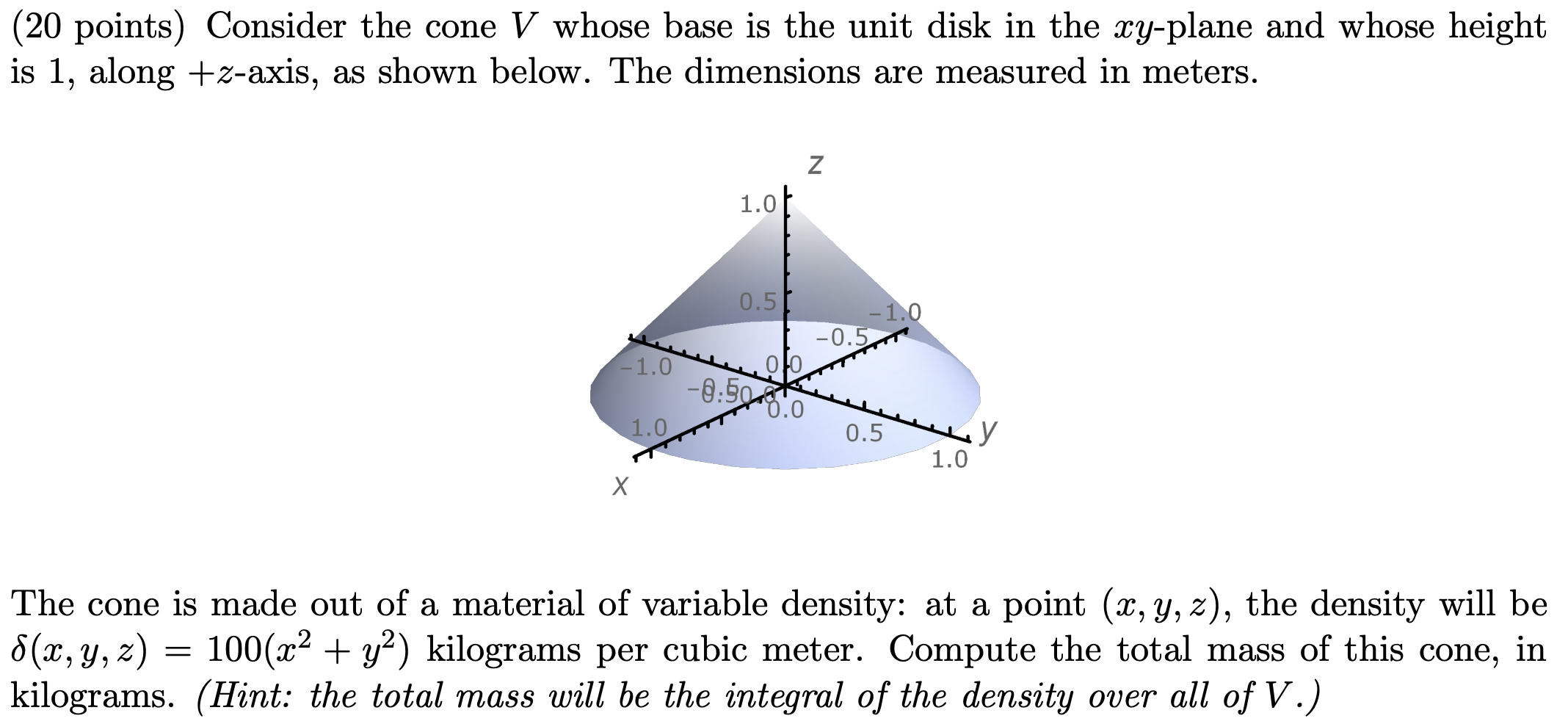 Solved Consider the cone V ﻿whose base is the unit disk in | Chegg.com