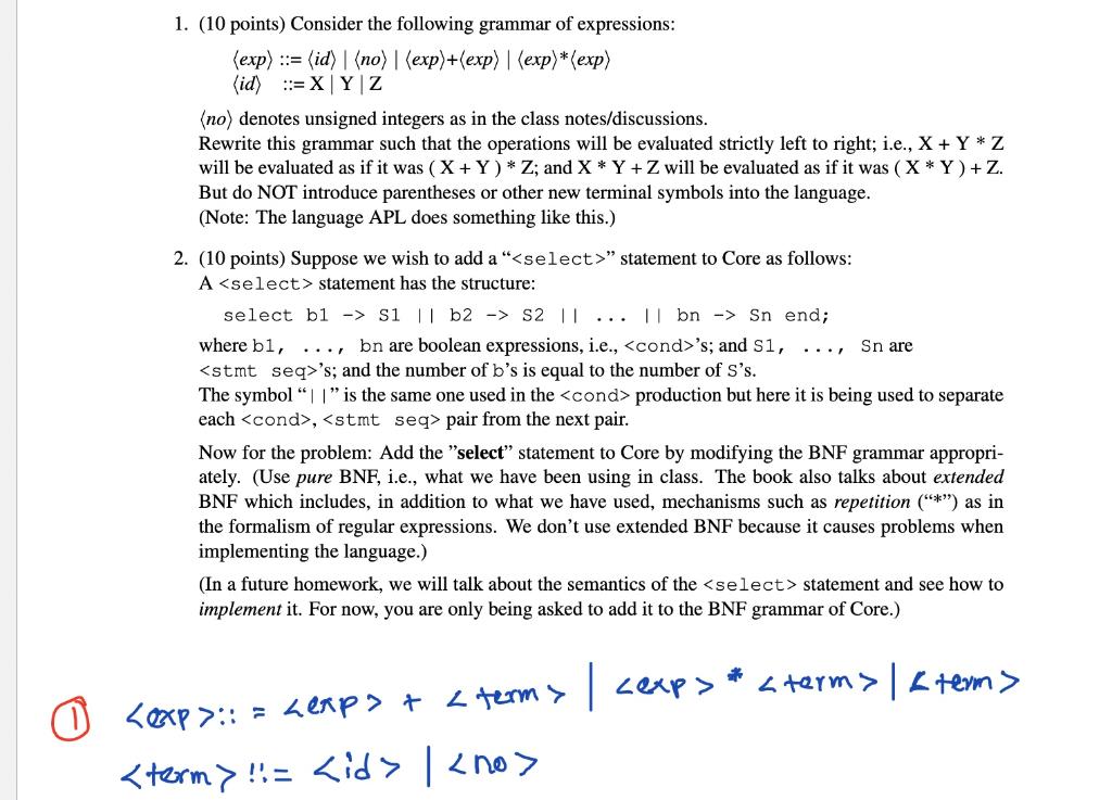 Solved 1. (10 points) Consider the following grammar of | Chegg.com