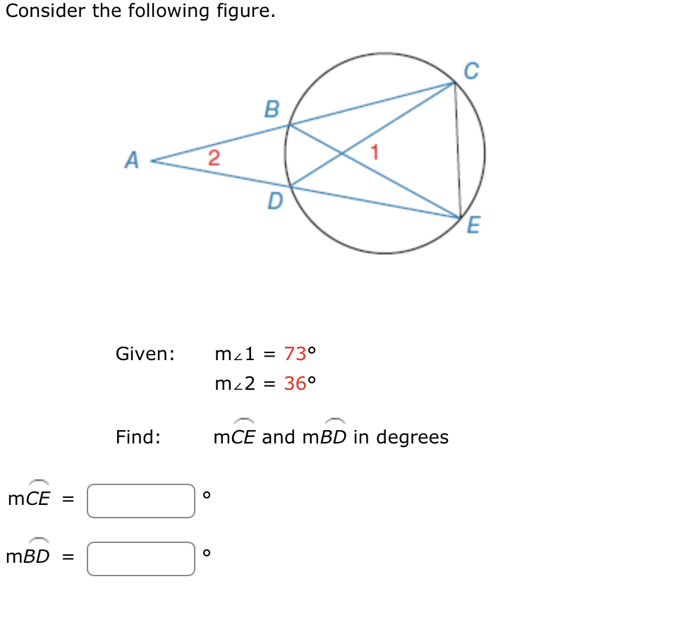 Solved Consider the following figure. Given: m∠1=73∘m∠2=36∘ | Chegg.com