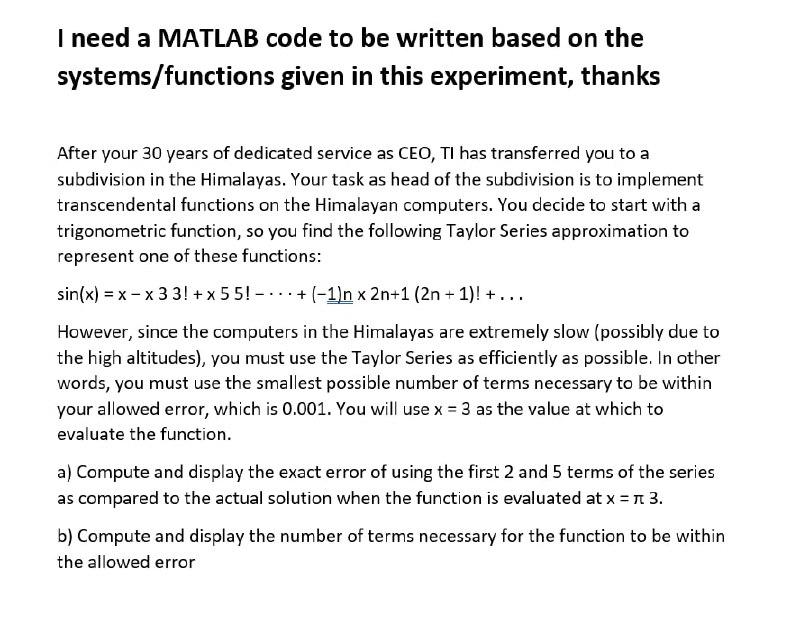 Solved I need a MATLAB code to be written based on the a | Chegg.com
