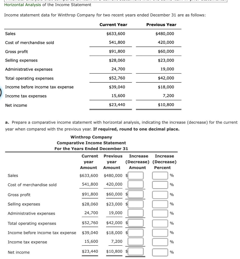 Solved Horizontal Analysis of the Income Statement Income | Chegg.com