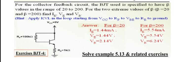 Solved For the collector feedback circuit, the BJT used is | Chegg.com