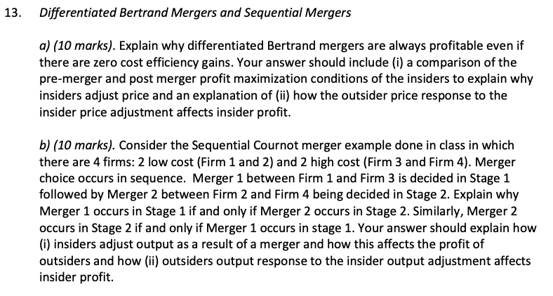 13. Differentiated Bertrand Mergers and Sequential | Chegg.com