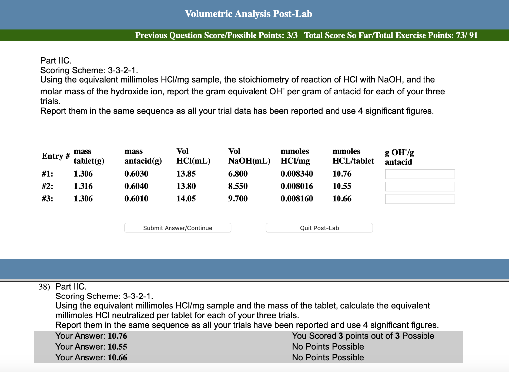 Volumetric Analysis Post-Lab Previous Question | Chegg.com