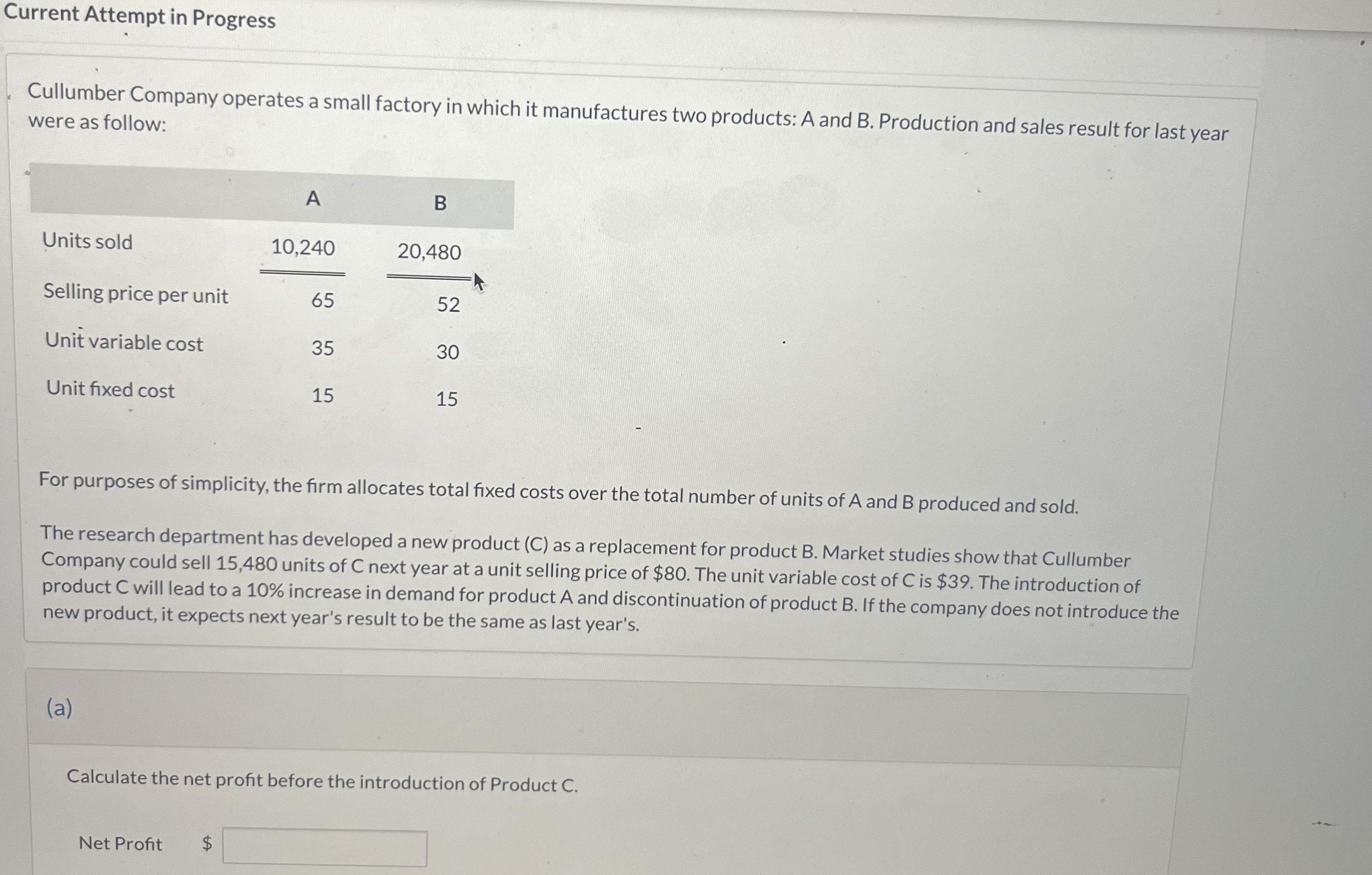 Solved Current Attempt in Progress Cullumber Company | Chegg.com