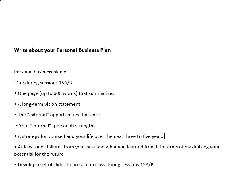 Solved Write about your Personal Business Plan Personal | Chegg.com