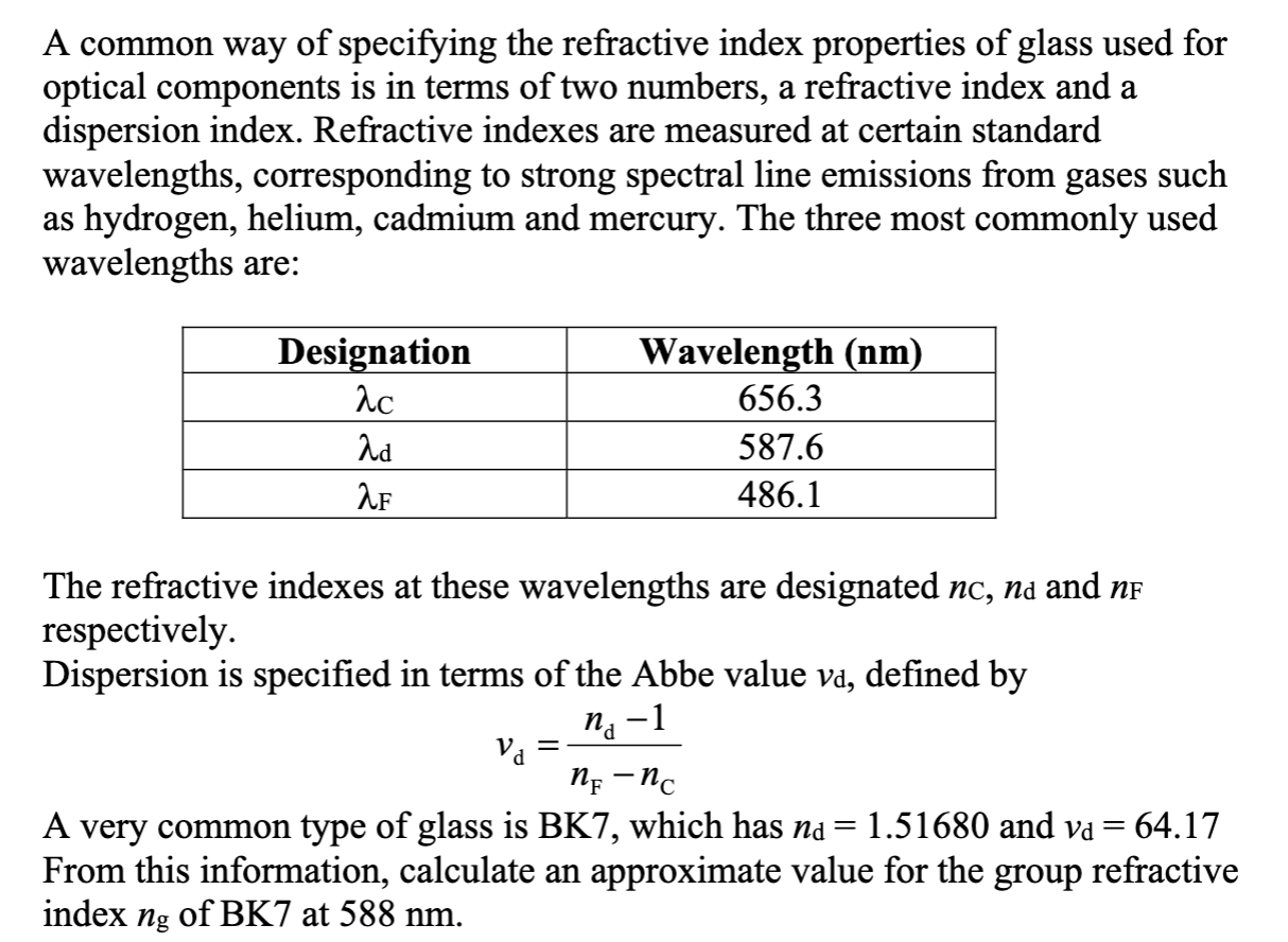 Solved A common way of specifying the refractive index | Chegg.com