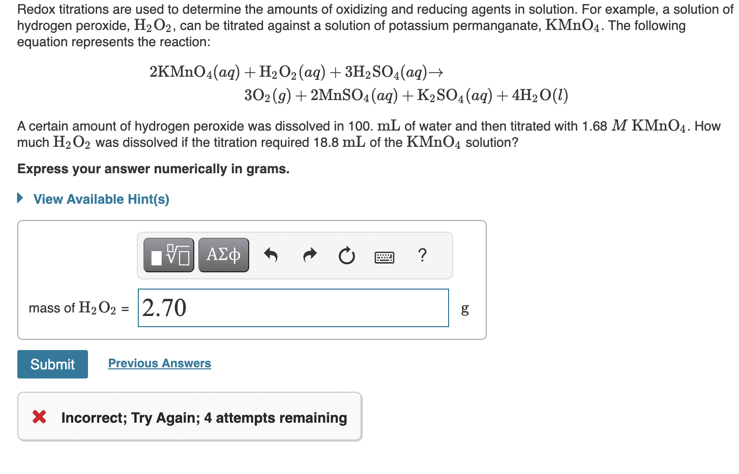 Solved Redox titrations are used to determine the amounts of | Chegg.com