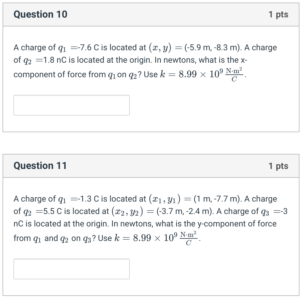 Solved A charge of q1=-7.6C ﻿is located at | Chegg.com