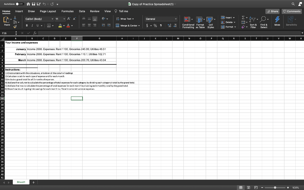 Solved AutoSave OFF OFF HESU Copy of Practice Spreadsheet | Chegg.com