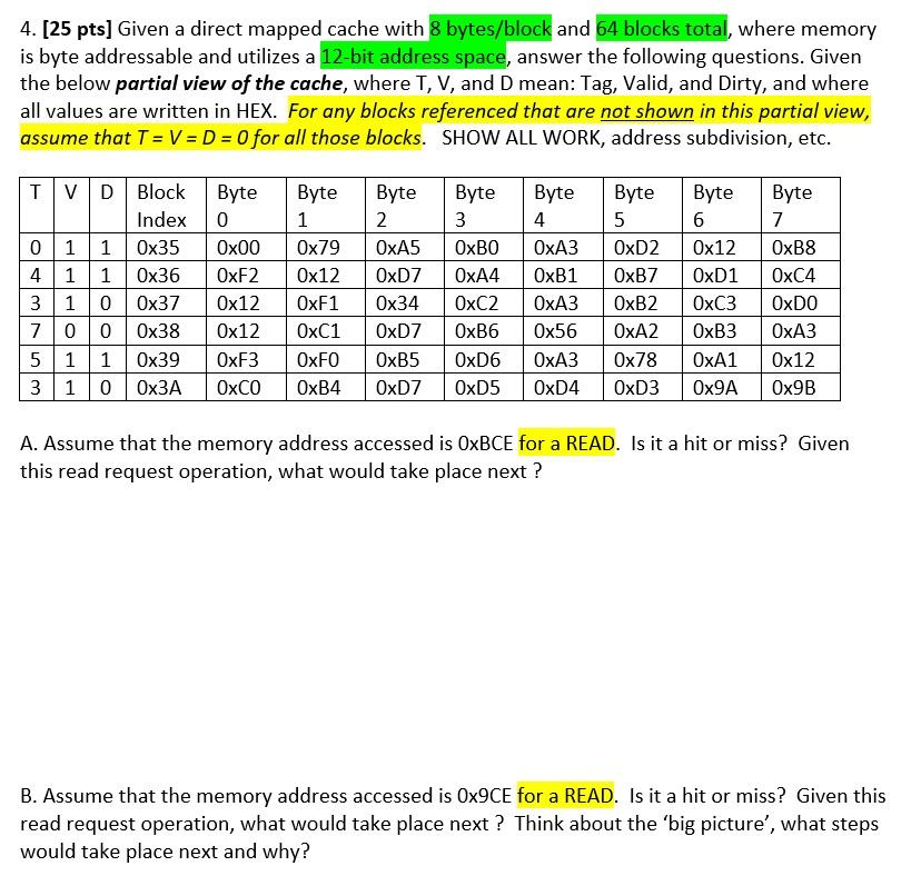 Solved 4. [25 pts] Given a direct mapped cache with 8 | Chegg.com
