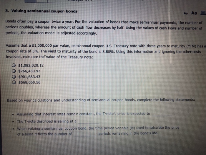Solved 3. Valuing semiannual coupon bonds Aa Aa Bonds often | Chegg.com
