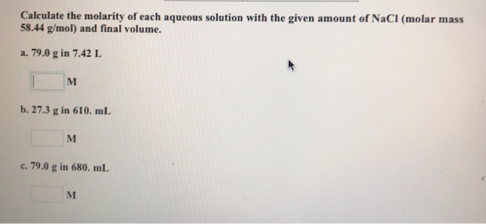 Solved Calculate the molarity of each aqueous solution with | Chegg.com