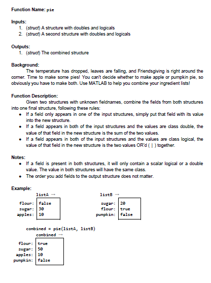 Function Name: pie Inputs: 1. (struct) A structure | Chegg.com