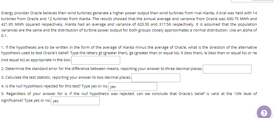 Solved Energy provider Oracle believes their wind turbines | Chegg.com