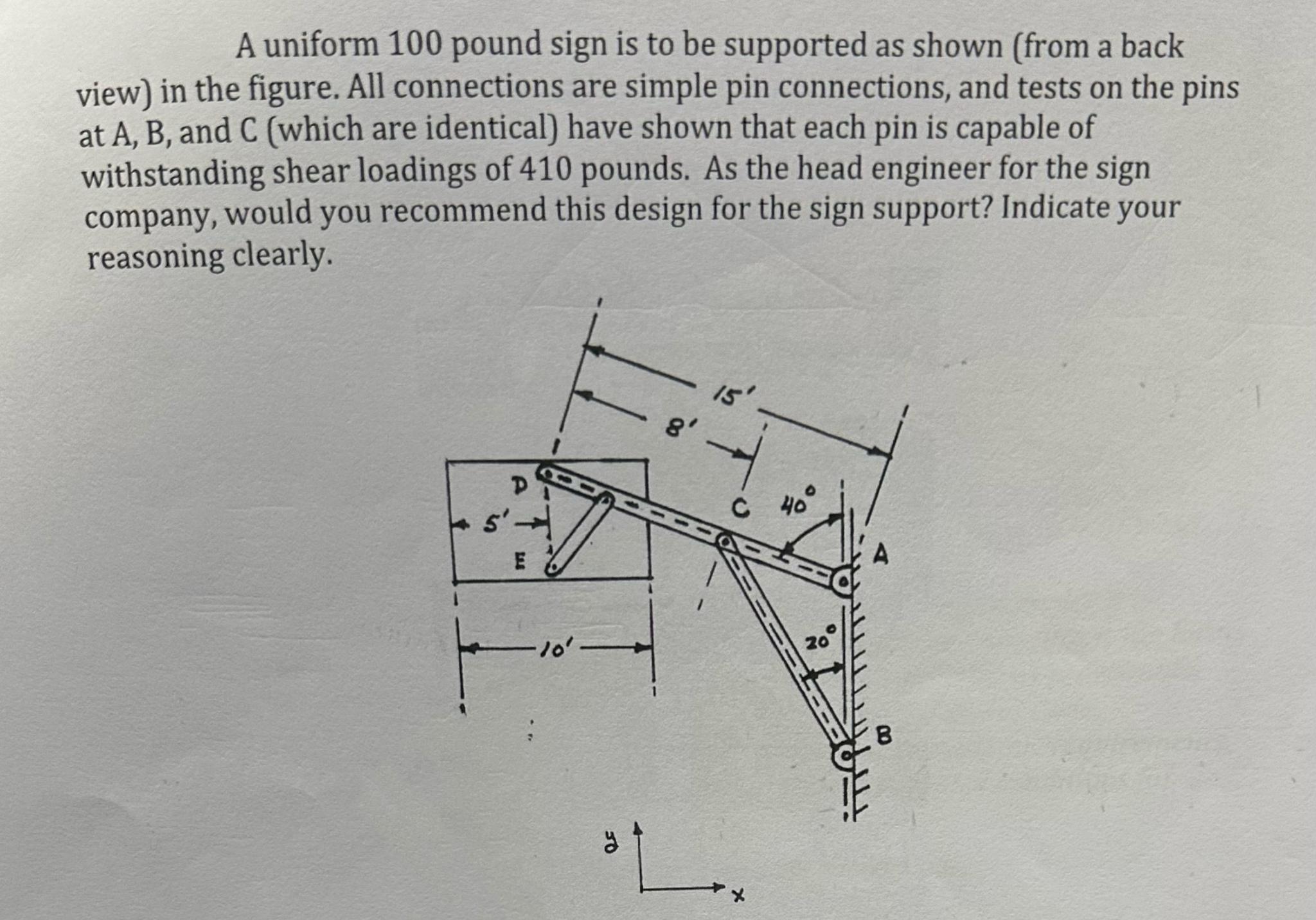 Solved A uniform 100 pound sign is to be supported as shown | Chegg.com